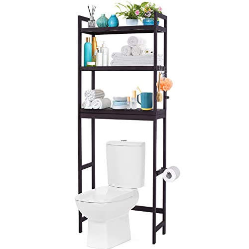 Ohuhu Over The Toilet Storage Shelf, Bamboo 3-Tier Over Toilet Bathroom Organizer Space Saver Stand Rack, Adjustable Shelves Above Toilet with Paper Holder and 3 Hooks for Restroom Laundry, Brown