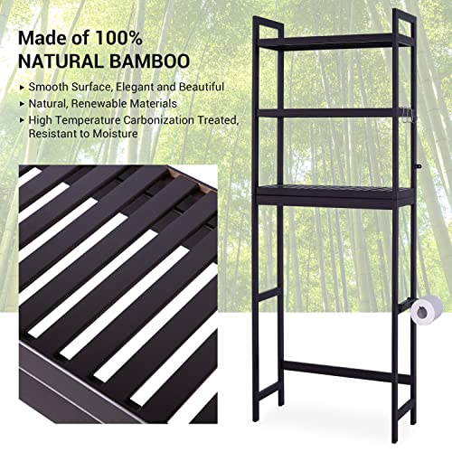 Ohuhu Over The Toilet Storage Shelf, Bamboo 3-Tier Over Toilet Bathroom Organizer Space Saver Stand Rack, Adjustable Shelves Above Toilet with Paper Holder and 3 Hooks for Restroom Laundry, Brown