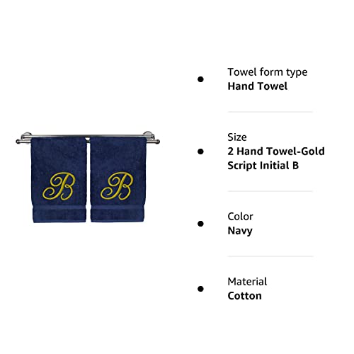 Monogrammed Hand Towel, Personalized Gift, 16 x 30 Inches - Set of 2 - Gold Embroidered Towel - Extra Absorbent 100% Turkish Cotton - Soft Terry Finish - for Bathroom, Kitchen and Spa - Script B Navy