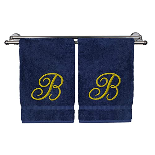 Monogrammed Hand Towel, Personalized Gift, 16 x 30 Inches - Set of 2 - Gold Embroidered Towel - Extra Absorbent 100% Turkish Cotton - Soft Terry Finish - for Bathroom, Kitchen and Spa - Script B Navy