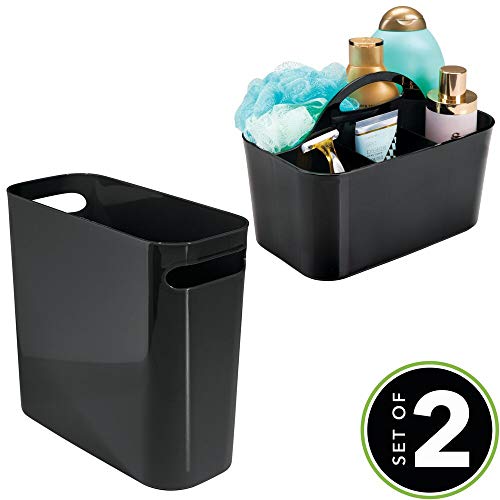 mDesign 2 Piece Combo - Plastic Trash Can & Bathroom Caddy - For Bathroom - Store and Organize Bathroom - Divided Basket Bin with Handle for Bathroom - Set of 2 - Black