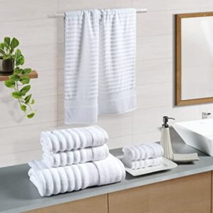 LANE LINEN Ribbed White Bath Towels - 100% Cotton Towel Sets for Bathroom, Zero Twist, Soft Textured Bathroom Towels, Absorbent, Quick Dry, 2 Bath Towels, 2 Hand Towels, 2 Wash Cloths - 6 Piece Set