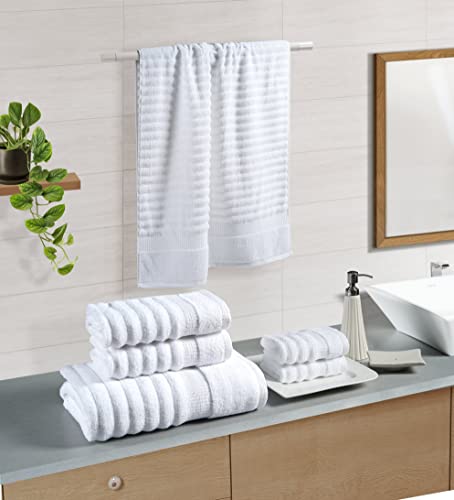 LANE LINEN Ribbed White Bath Towels - 100% Cotton Towel Sets for Bathroom, Zero Twist, Soft Textured Bathroom Towels, Absorbent, Quick Dry, 2 Bath Towels, 2 Hand Towels, 2 Wash Cloths - 6 Piece Set