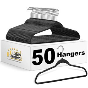 quality hangers 50 pack slim plastic hangers for clothes - heavy duty non-velvet hangers with 360° swivel chrome hook & non slip notches - ideal for dresses coats shirts jackets & more - black