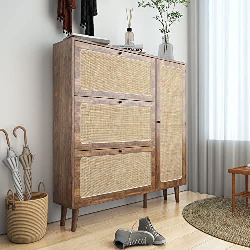 QEIUZON Rattan Shoe Cabinet, Shoe Storage Cabinet with 3 Rattan Flip Drawers and Storage Shelves, Freestanding 3-Tier Shoe Rack Storage Cabinet for Entryway, Hallway, Bedroom,Walnut