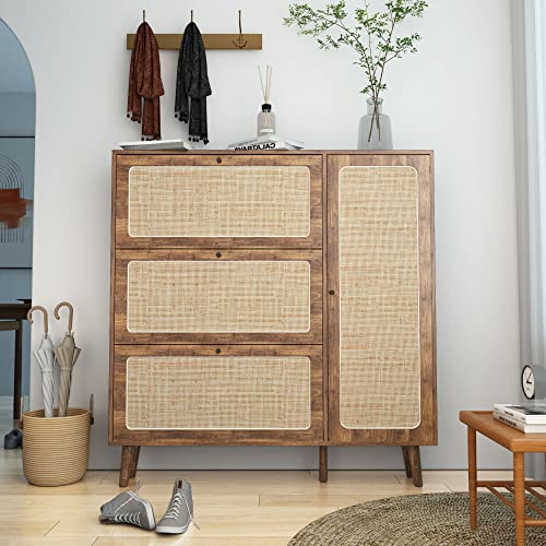 QEIUZON Rattan Shoe Cabinet, Shoe Storage Cabinet with 3 Rattan Flip Drawers and Storage Shelves, Freestanding 3-Tier Shoe Rack Storage Cabinet for Entryway, Hallway, Bedroom,Walnut