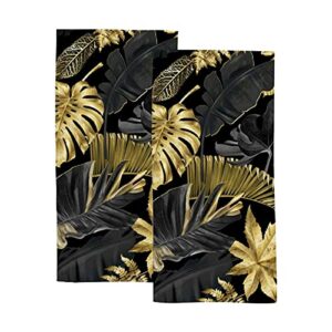 hand towels set for bathroom,absorbent dish towels for gym spa,30"x15"，gold black tropical leaf(2 pcs)