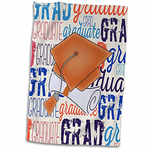 3dRose - Beverly Turner Graduation Design - Bright Orange Graduation Cap and Diploma, Colorful Graduation Words - Towels (twl-255982-1), 15" x 22"