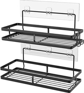 anyev shower caddy shelf organizer 2 pack, adhesive black bathroom basket shelves, no drilling traceless adhesive shower wall shelves, rustproof black bathroom shower storage organizer with hooks