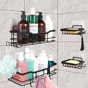 4-Pack Shower Caddy Shelf Organizer with Hooks & Soap Dish Holder, Adhesive Bathroom Shower Rack, No Drilling Rustproof Black Shower Basket for Inside Shower Wall, Kitchen Restroom Organizers Storage