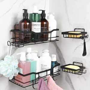 4-pack shower caddy shelf organizer with hooks & soap dish holder, adhesive bathroom shower rack, no drilling rustproof black shower basket for inside shower wall, kitchen restroom organizers storage