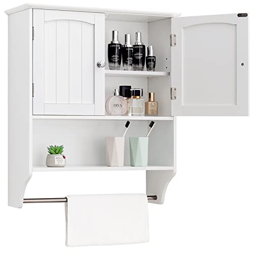 Iwell Wall Bathroom Cabinet with 2 Shelf & Towels Bar, Medicine Cabinet with 2 Doors for Bathroom, Wall Mount Bathroom Cabinet, Over The Toilet Space Saver Storage Cabinet, White