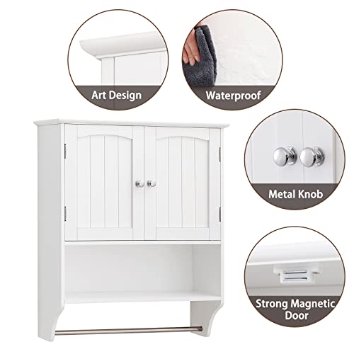 Iwell Wall Bathroom Cabinet with 2 Shelf & Towels Bar, Medicine Cabinet with 2 Doors for Bathroom, Wall Mount Bathroom Cabinet, Over The Toilet Space Saver Storage Cabinet, White