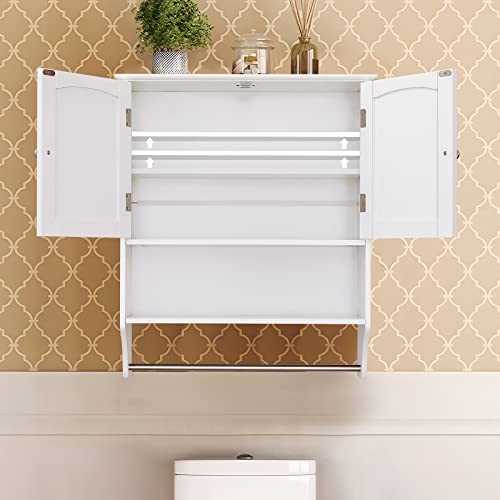 Iwell Wall Bathroom Cabinet with 2 Shelf & Towels Bar, Medicine Cabinet with 2 Doors for Bathroom, Wall Mount Bathroom Cabinet, Over The Toilet Space Saver Storage Cabinet, White