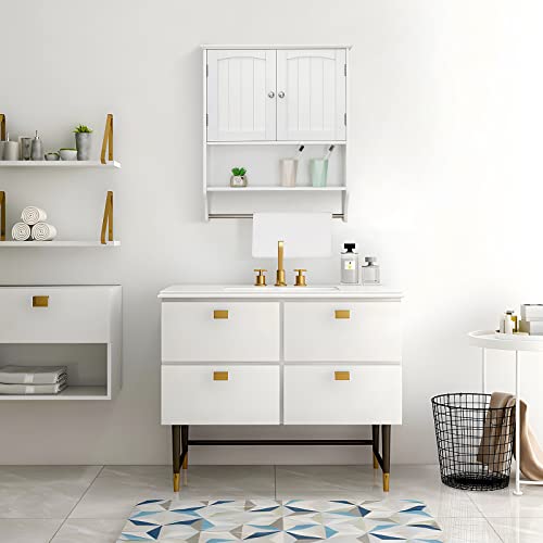 Iwell Wall Bathroom Cabinet with 2 Shelf & Towels Bar, Medicine Cabinet with 2 Doors for Bathroom, Wall Mount Bathroom Cabinet, Over The Toilet Space Saver Storage Cabinet, White