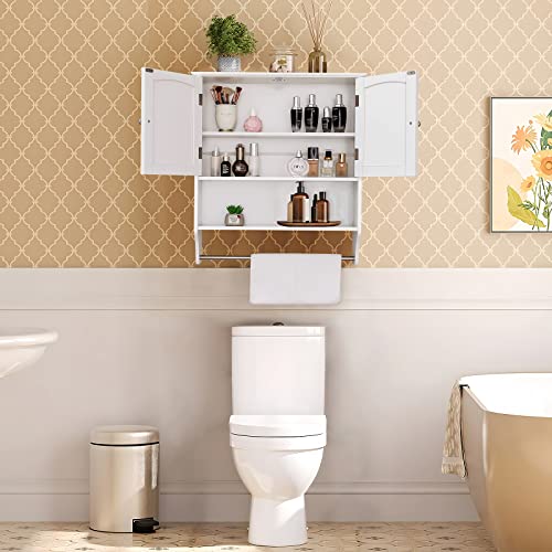 Iwell Wall Bathroom Cabinet with 2 Shelf & Towels Bar, Medicine Cabinet with 2 Doors for Bathroom, Wall Mount Bathroom Cabinet, Over The Toilet Space Saver Storage Cabinet, White