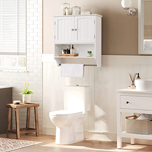 Iwell Wall Bathroom Cabinet with 2 Shelf & Towels Bar, Medicine Cabinet with 2 Doors for Bathroom, Wall Mount Bathroom Cabinet, Over The Toilet Space Saver Storage Cabinet, White