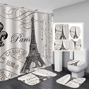 4pcs paris eiffel tower shower curtain sets bathroom set decor with non-slip rugs bath u-shaped mat toilet lid cover waterproof vintage word art bathroom curtains shower set with 12 hooks, 70.8×70.8