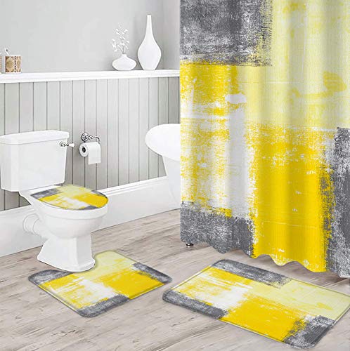 Z&L Home 4 Piece Bathroom Set Abstract Geometric Art, Waterproof Shower Curtain with Hooks, Non Slip Bath Rugs- Toilet Lid Cover and Bathroom Floor Mats Abstract Yellow and Gray