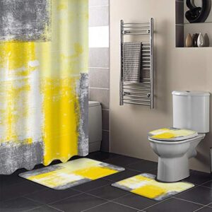 Z&L Home 4 Piece Bathroom Set Abstract Geometric Art, Waterproof Shower Curtain with Hooks, Non Slip Bath Rugs- Toilet Lid Cover and Bathroom Floor Mats Abstract Yellow and Gray