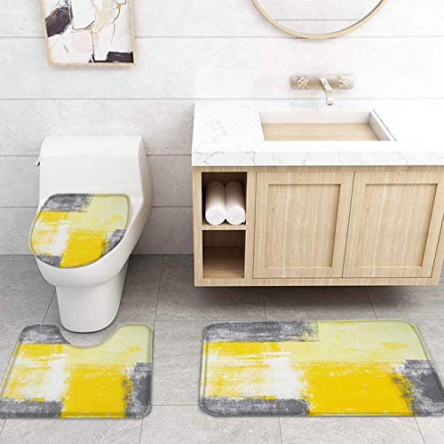 Z&L Home 4 Piece Bathroom Set Abstract Geometric Art, Waterproof Shower Curtain with Hooks, Non Slip Bath Rugs- Toilet Lid Cover and Bathroom Floor Mats Abstract Yellow and Gray