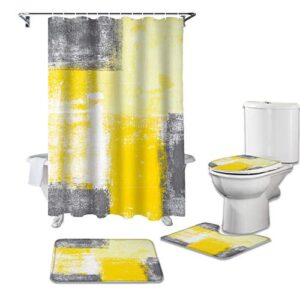 Z&L Home 4 Piece Bathroom Set Abstract Geometric Art, Waterproof Shower Curtain with Hooks, Non Slip Bath Rugs- Toilet Lid Cover and Bathroom Floor Mats Abstract Yellow and Gray