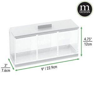 mDesign Cosmetic Divided Organizer Storage Canister Box with 3 Sections and Lid for Bathroom Vanity Countertop - Holder for Cotton Swabs, Perfume, Lipstick - Lumiere Collection - Clear/White