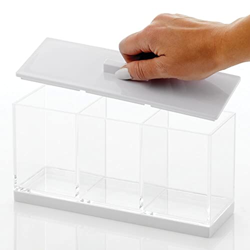 mDesign Cosmetic Divided Organizer Storage Canister Box with 3 Sections and Lid for Bathroom Vanity Countertop - Holder for Cotton Swabs, Perfume, Lipstick - Lumiere Collection - Clear/White