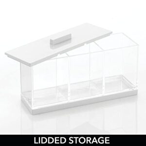 mDesign Cosmetic Divided Organizer Storage Canister Box with 3 Sections and Lid for Bathroom Vanity Countertop - Holder for Cotton Swabs, Perfume, Lipstick - Lumiere Collection - Clear/White