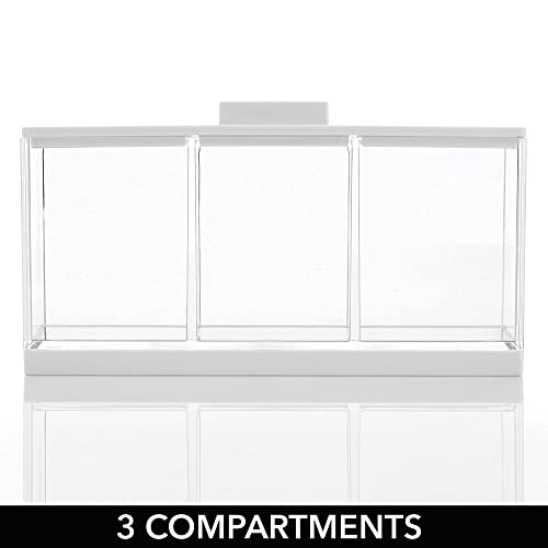 mDesign Cosmetic Divided Organizer Storage Canister Box with 3 Sections and Lid for Bathroom Vanity Countertop - Holder for Cotton Swabs, Perfume, Lipstick - Lumiere Collection - Clear/White