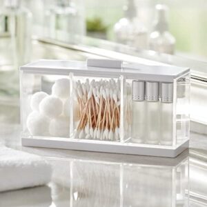 mDesign Cosmetic Divided Organizer Storage Canister Box with 3 Sections and Lid for Bathroom Vanity Countertop - Holder for Cotton Swabs, Perfume, Lipstick - Lumiere Collection - Clear/White