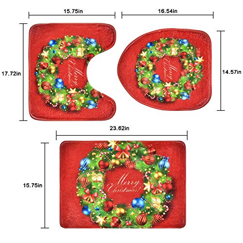 Uspring 4 Pcs Merry Christmas Shower Curtain Sets with Non-Slip Rug, Bath Mat, Toilet Lid and 12 Hooks, Xmas Wreath Ball Star Fir Leaves Shower Curtain for Christmas Decoration