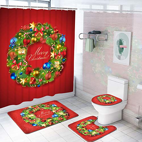 Uspring 4 Pcs Merry Christmas Shower Curtain Sets with Non-Slip Rug, Bath Mat, Toilet Lid and 12 Hooks, Xmas Wreath Ball Star Fir Leaves Shower Curtain for Christmas Decoration