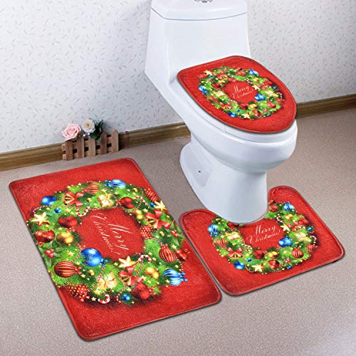 Uspring 4 Pcs Merry Christmas Shower Curtain Sets with Non-Slip Rug, Bath Mat, Toilet Lid and 12 Hooks, Xmas Wreath Ball Star Fir Leaves Shower Curtain for Christmas Decoration