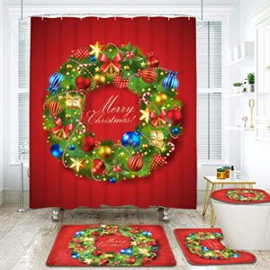 Uspring 4 Pcs Merry Christmas Shower Curtain Sets with Non-Slip Rug, Bath Mat, Toilet Lid and 12 Hooks, Xmas Wreath Ball Star Fir Leaves Shower Curtain for Christmas Decoration