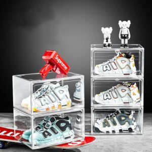 three piece clear shoe box 360° acrylic clear shoe box handbag storage display box stackable shoe box drop front shoe box magnetic door organizer 14.37 * 7.87 * 10.63 inches for us size 14