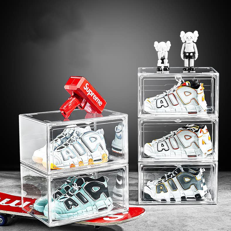 Three Piece Clear Shoe Box 360° Acrylic Clear Shoe Box Handbag Storage Display Box Stackable Shoe Box Drop Front Shoe Box Magnetic Door Organizer 14.37 * 7.87 * 10.63 inches for US size 14