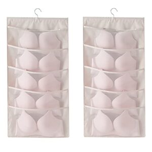 enlarged closet hanging bra organizer with rotating metal hanger, extra-large dual sided wall shelf wardrobe mesh pockets hanging storage bag for bra socks underwear underpants