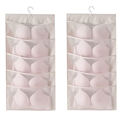 Enlarged Closet Hanging Bra Organizer with Rotating Metal Hanger, Extra-Large Dual Sided Wall Shelf Wardrobe Mesh Pockets Hanging Storage Bag for Bra Socks Underwear Underpants