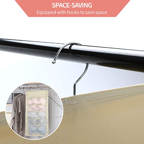 Enlarged Closet Hanging Bra Organizer with Rotating Metal Hanger, Extra-Large Dual Sided Wall Shelf Wardrobe Mesh Pockets Hanging Storage Bag for Bra Socks Underwear Underpants