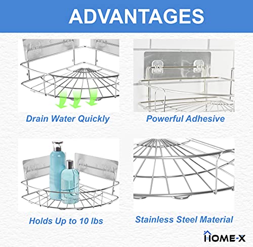 Home-X Stainless-Steel Corner Shelves for Shower Wall, in-Shower Organizer, Adhesive Shower Corner Shelves, Set of 2, 8 ¾” L x 8 ¾” W x 3 ¼” H, Stainless Steel