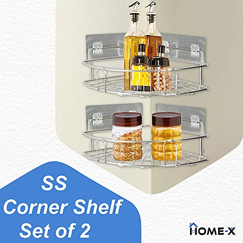 Home-X Stainless-Steel Corner Shelves for Shower Wall, in-Shower Organizer, Adhesive Shower Corner Shelves, Set of 2, 8 ¾” L x 8 ¾” W x 3 ¼” H, Stainless Steel