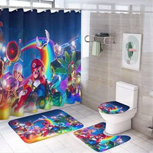 ffis anime super 𝐌.𝐚𝐫𝐢𝐨 𝐁.𝐫𝐨𝐬 movie.bathroom shower curtain set, 4 piece bathroom with waterproof shower curtain and non slip shower mat & toilet lid cover mat u carpet