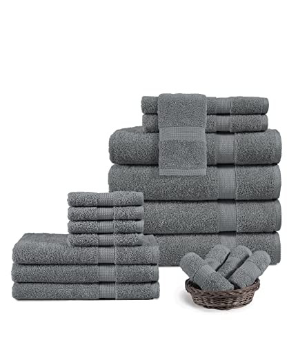 LANE LINEN Cotton Bath Towels for Bathroom Set-18 PC Bathroom Towels Set-4 Bath Towels, 6 Hand Towels for Bathroom, 8 Wash Cloths for Your Body, Soft Turkish Towel Sets for Bathroom - Space Grey