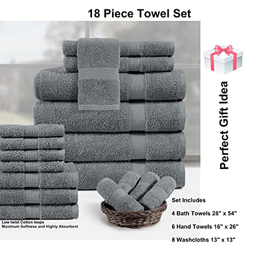 LANE LINEN Cotton Bath Towels for Bathroom Set-18 PC Bathroom Towels Set-4 Bath Towels, 6 Hand Towels for Bathroom, 8 Wash Cloths for Your Body, Soft Turkish Towel Sets for Bathroom - Space Grey