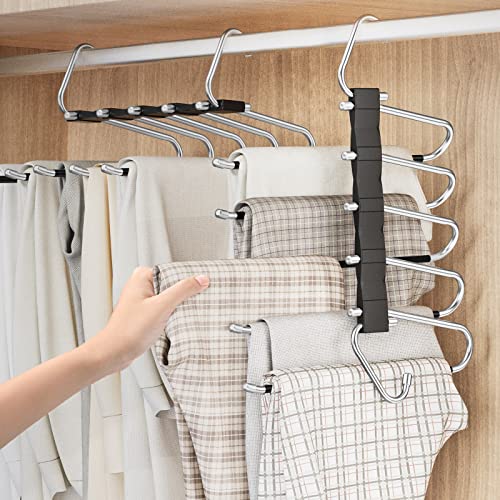 Loretoy 2 Pack Pants Hangers Space Saving, Anti-Slip Multi-Functional Pants Rack, Thickened Stainless Steel Tube with 10 Metal Clips, Two Hanging Modes Suitable for Jeans Trousers Skirts Scarf-Black