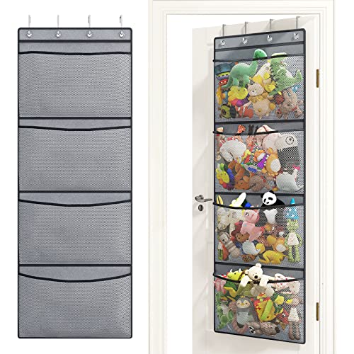 Fixwal 2pcs Over the Door Organizer, Stuffed Animal Storage for Closet Plush Toy, 4 Large Pockets Hanging Storage with Support Pole, Nursery Dorm Bedroom Bathroom Kids Room