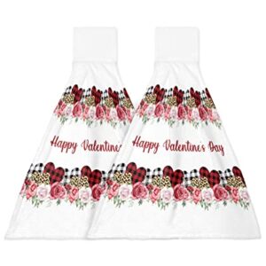 Hanging Kitchen Towels 2 Pack, Happy Valentines Day Hand Towel with Loop Absorbent Dish Cloth Tie Towels for Bathroom Laundry Room Decor Hand Dry Towel Rose Heart Plaid Leopard Print