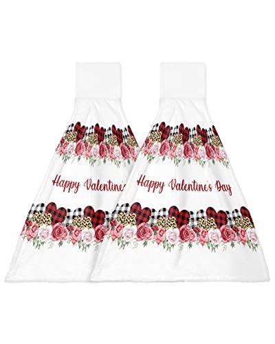 Hanging Kitchen Towels 2 Pack, Happy Valentines Day Hand Towel with Loop Absorbent Dish Cloth Tie Towels for Bathroom Laundry Room Decor Hand Dry Towel Rose Heart Plaid Leopard Print