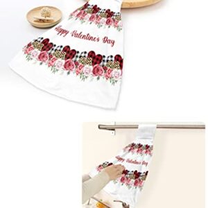 Hanging Kitchen Towels 2 Pack, Happy Valentines Day Hand Towel with Loop Absorbent Dish Cloth Tie Towels for Bathroom Laundry Room Decor Hand Dry Towel Rose Heart Plaid Leopard Print